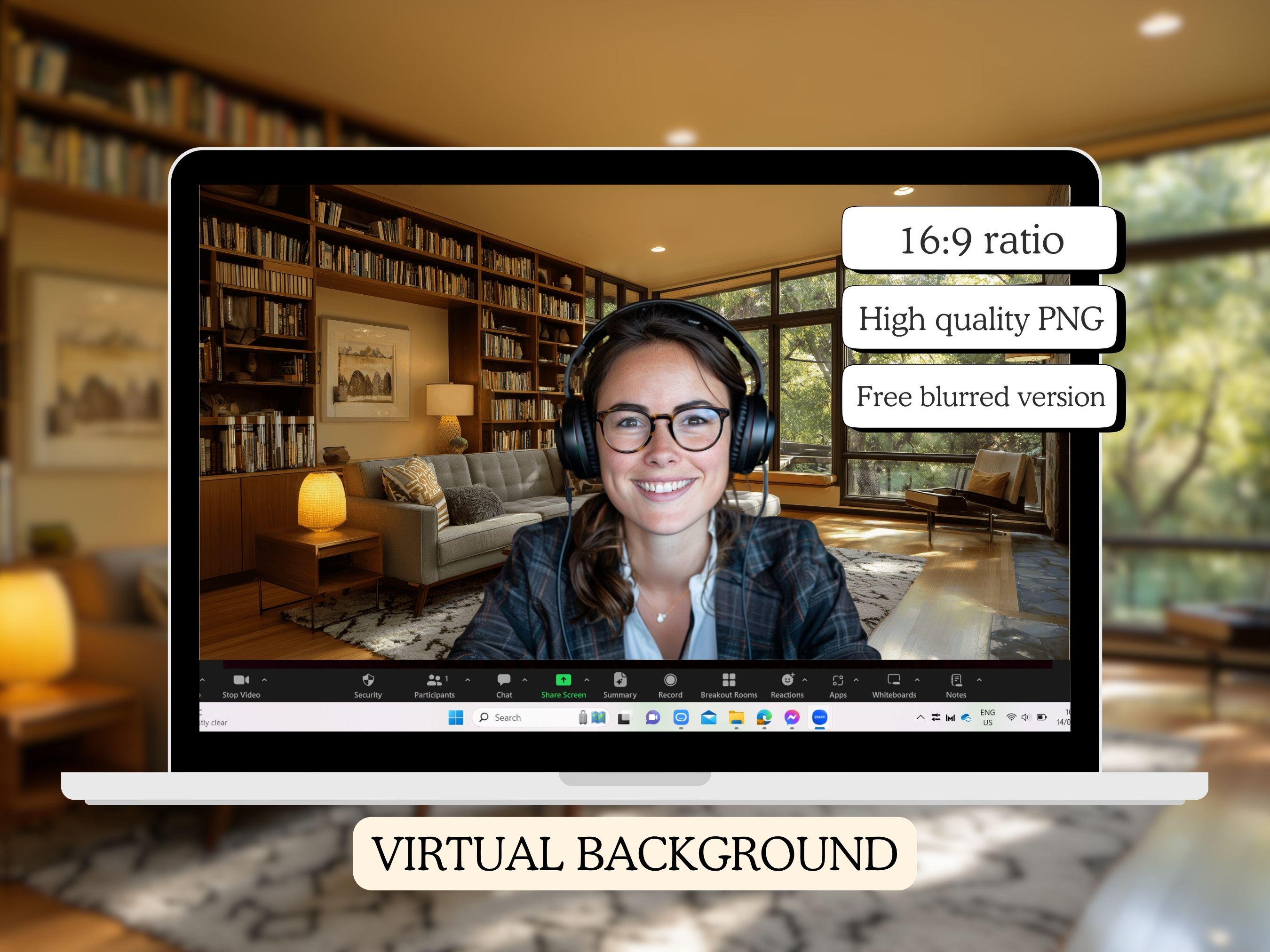 Modern Cozy Library Virtual Background | Mid-century Living Room Zoom ...