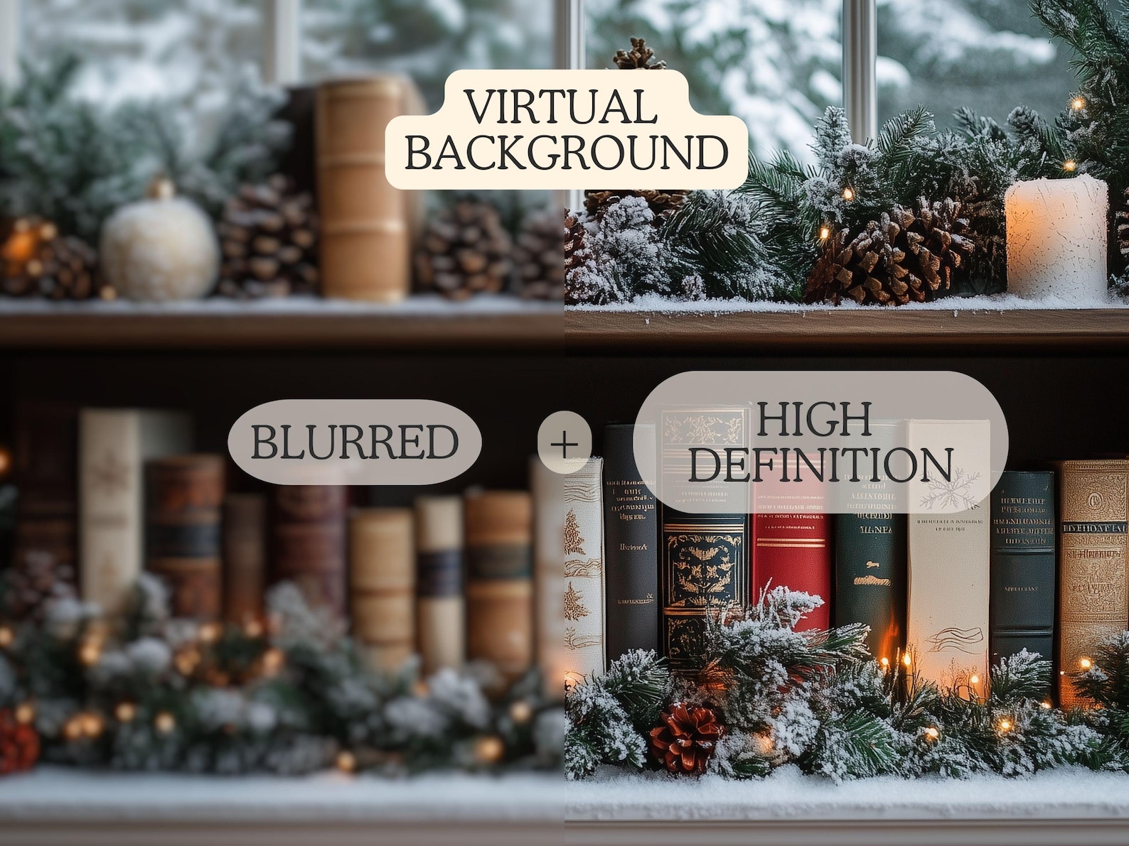 Winter Wonderland Bookshelf Virtual Background – Cozy Snowy Library ...