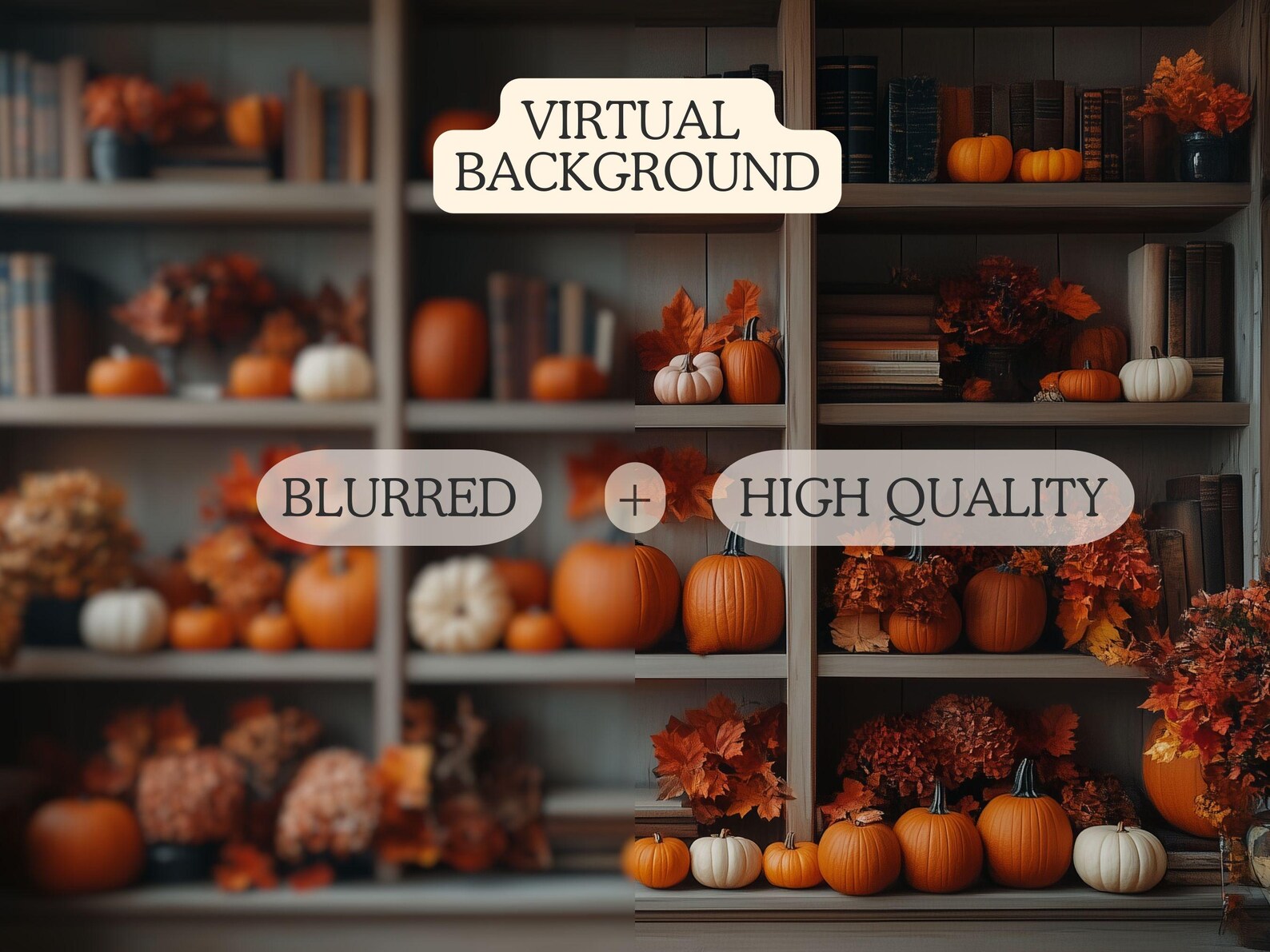 Autumn Bookshelf for Zoom Meeting, Festive Fall Themed Home Office ...