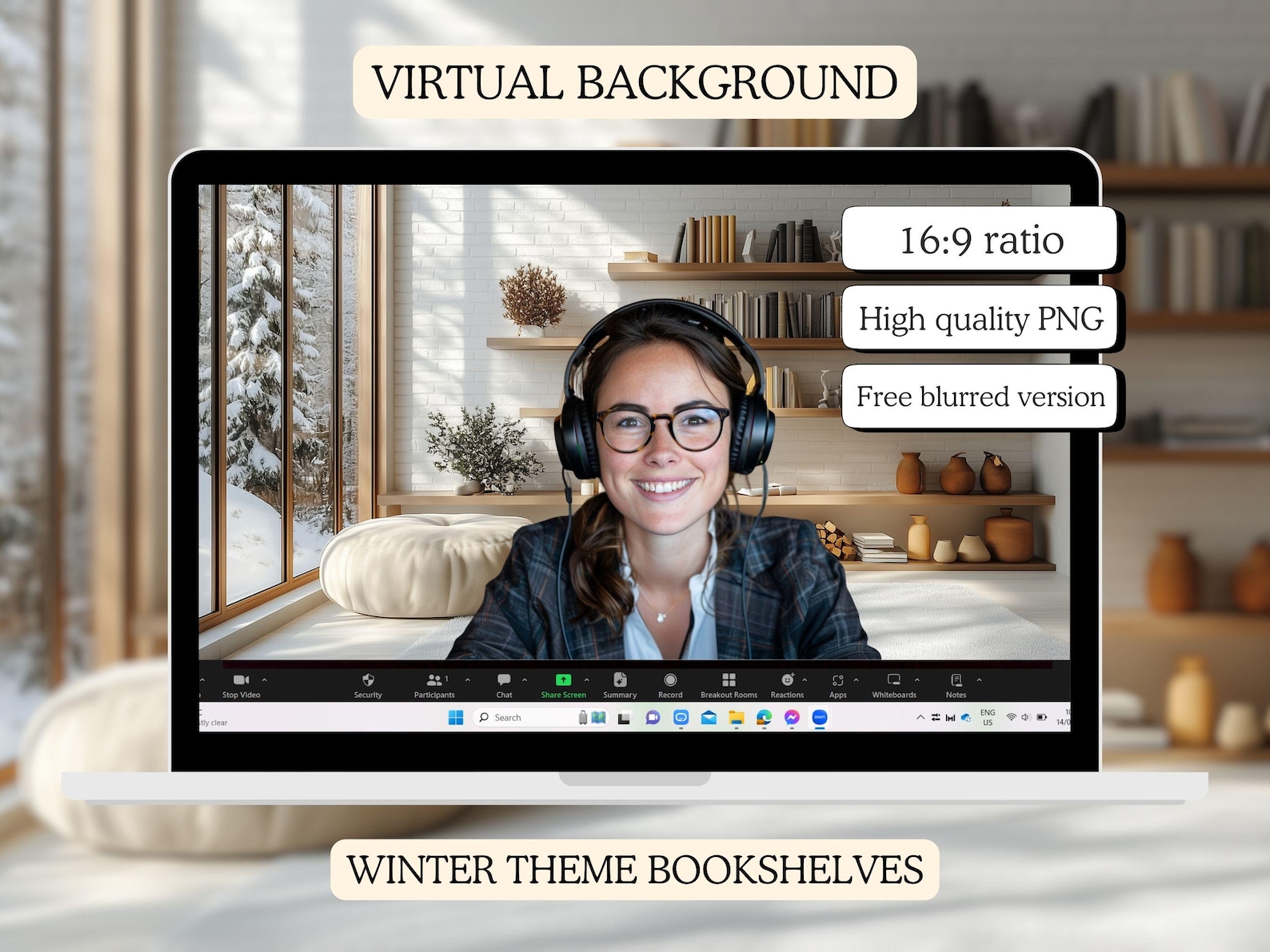 Cozy Winter Bookshelf Zoom Virtual Background | Perfect for Meetings ...
