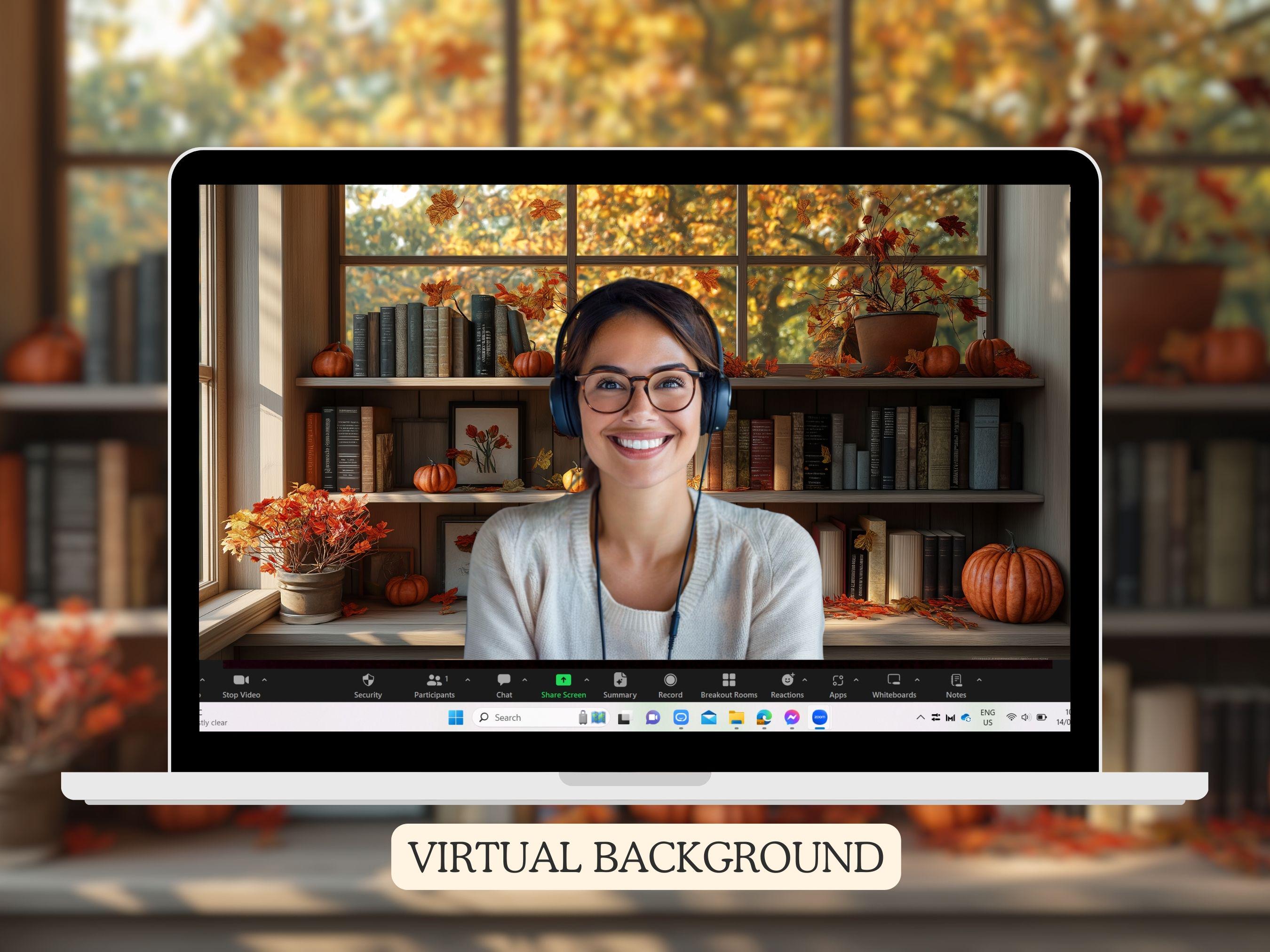 Autumn Theme Bookshelf Virtual Background Cozy Fall Backdrop for Zoom ...