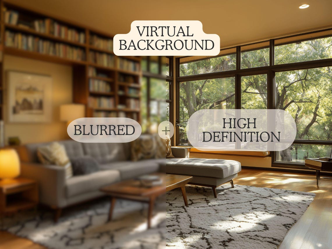 Modern Cozy Library Virtual Background | Mid-century Living Room Zoom ...