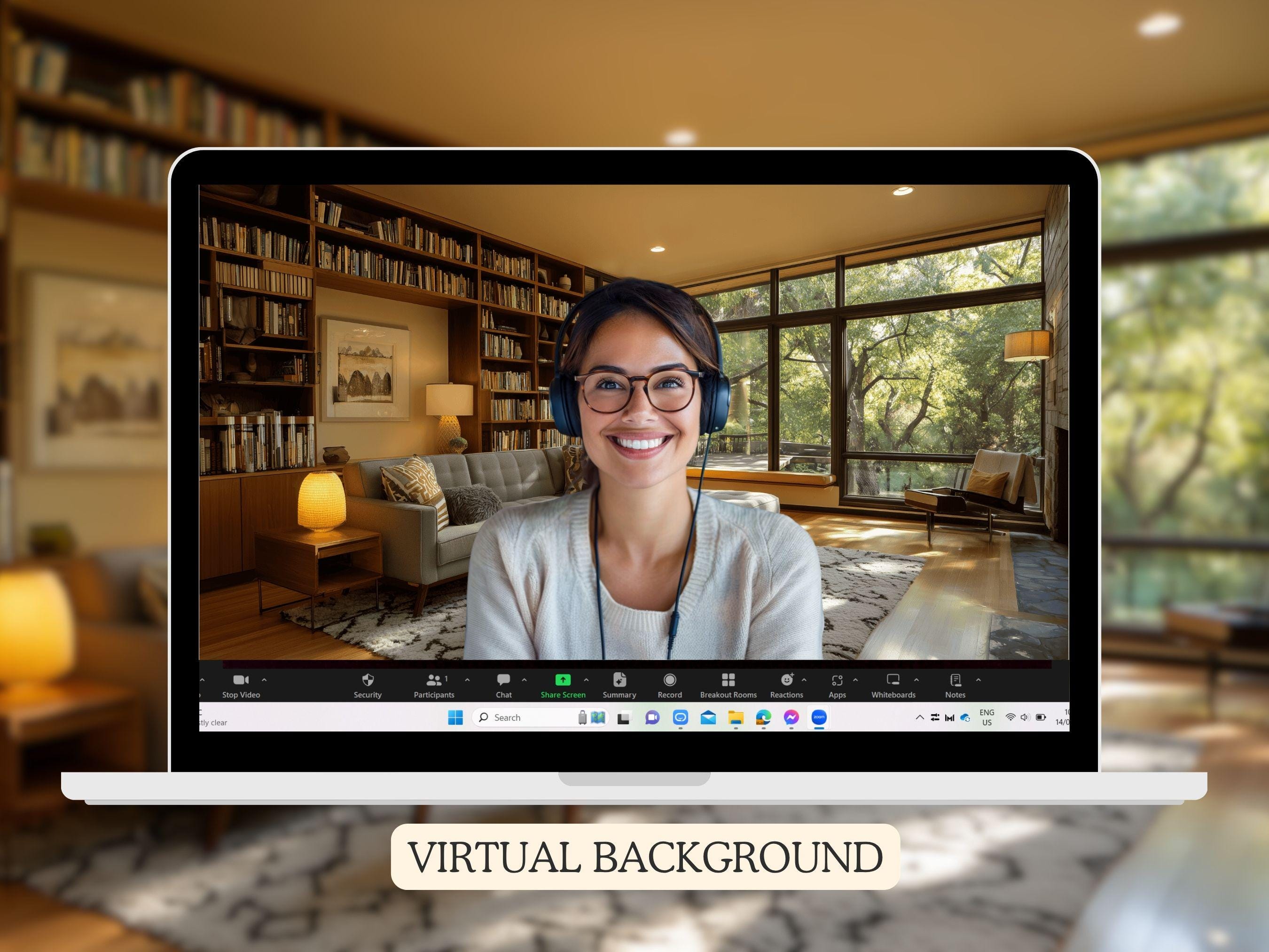 Modern Cozy Library Virtual Background | Mid-century Living Room Zoom ...