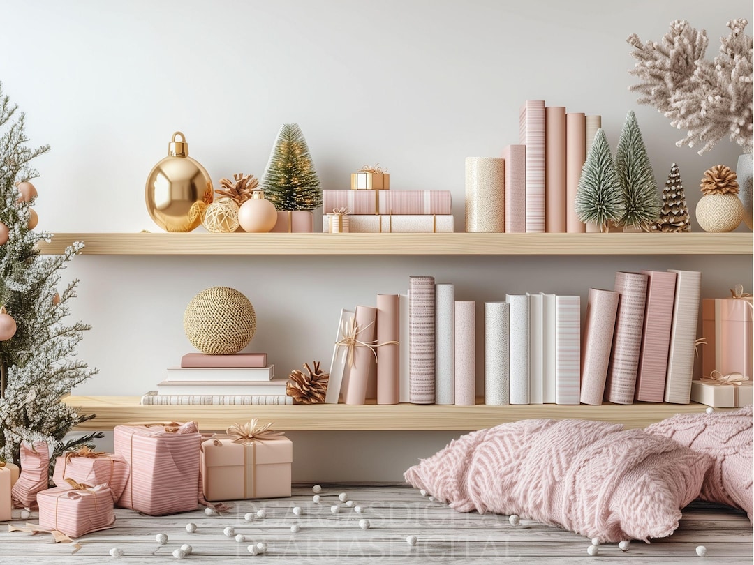 Pink Bookshelf Christmas Zoom Background | Modern Holiday Office ...