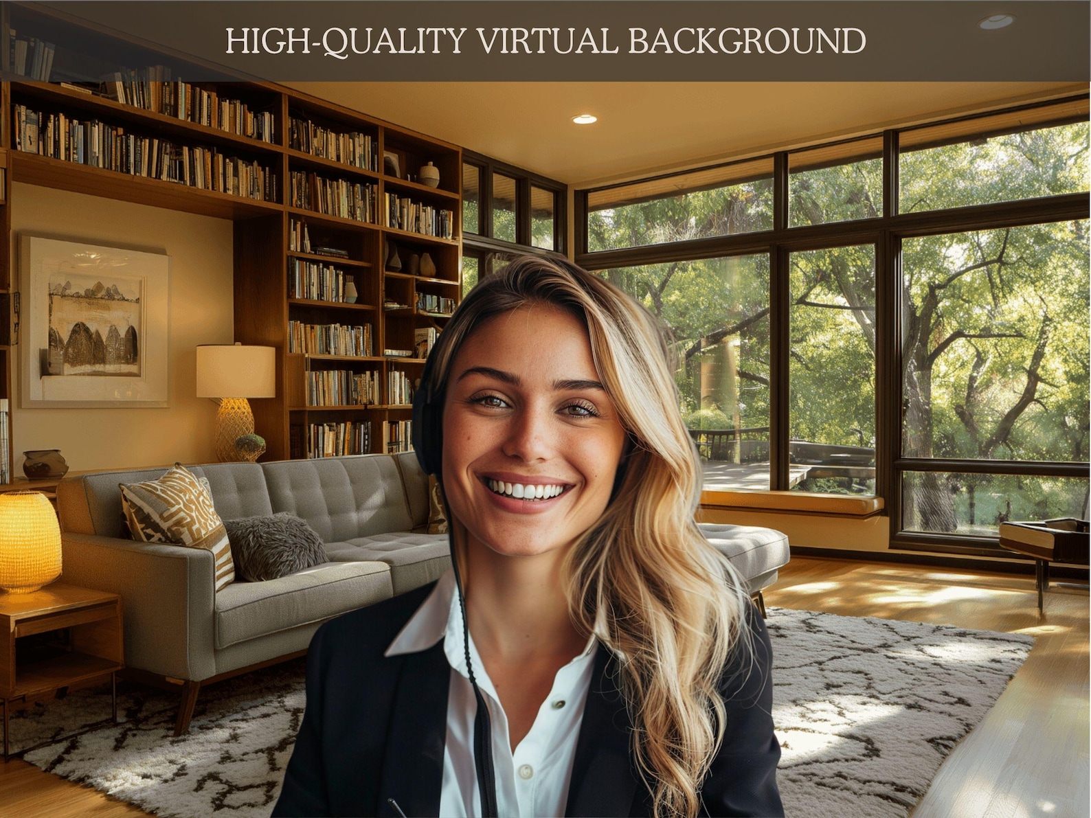 Modern Cozy Library Virtual Background | Mid-century Living Room Zoom ...