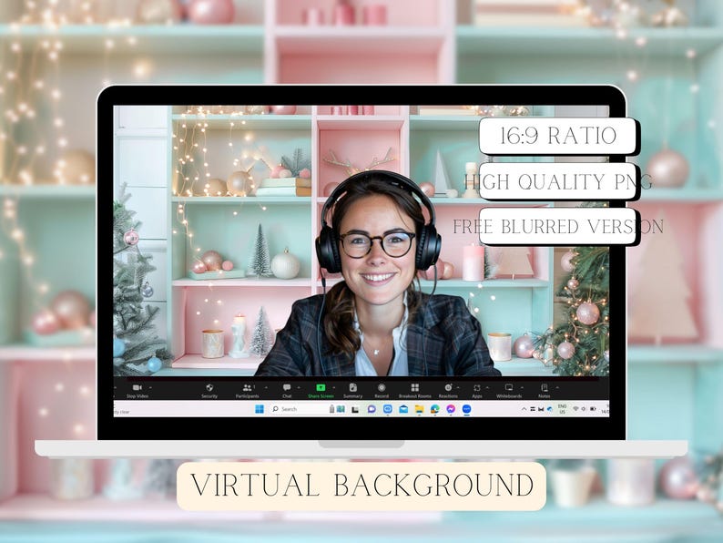 Pastel Christmas Bookshelf Virtual Background – Pink and Mint Holiday ...