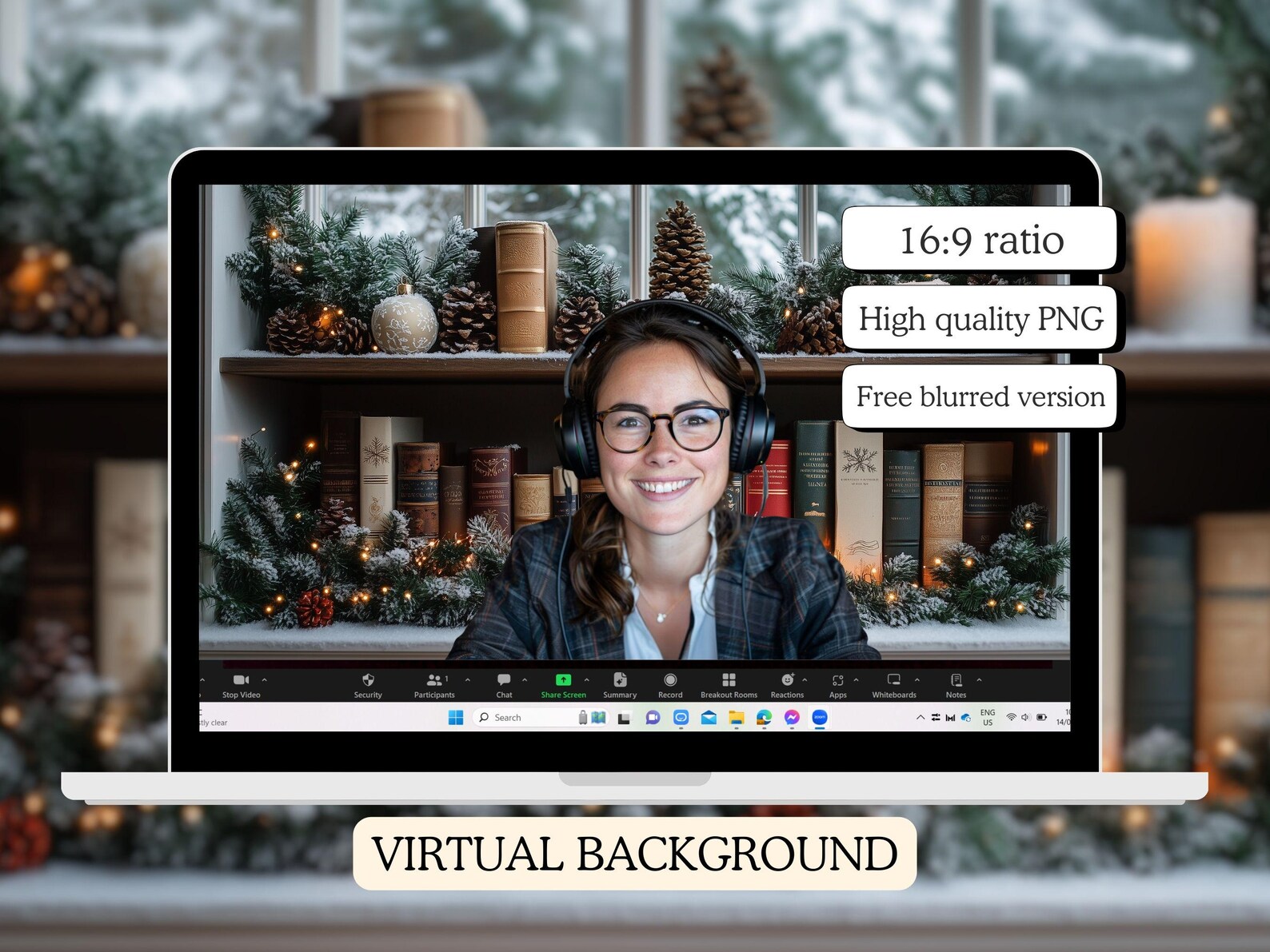 Winter Wonderland Bookshelf Virtual Background – Cozy Snowy Library ...