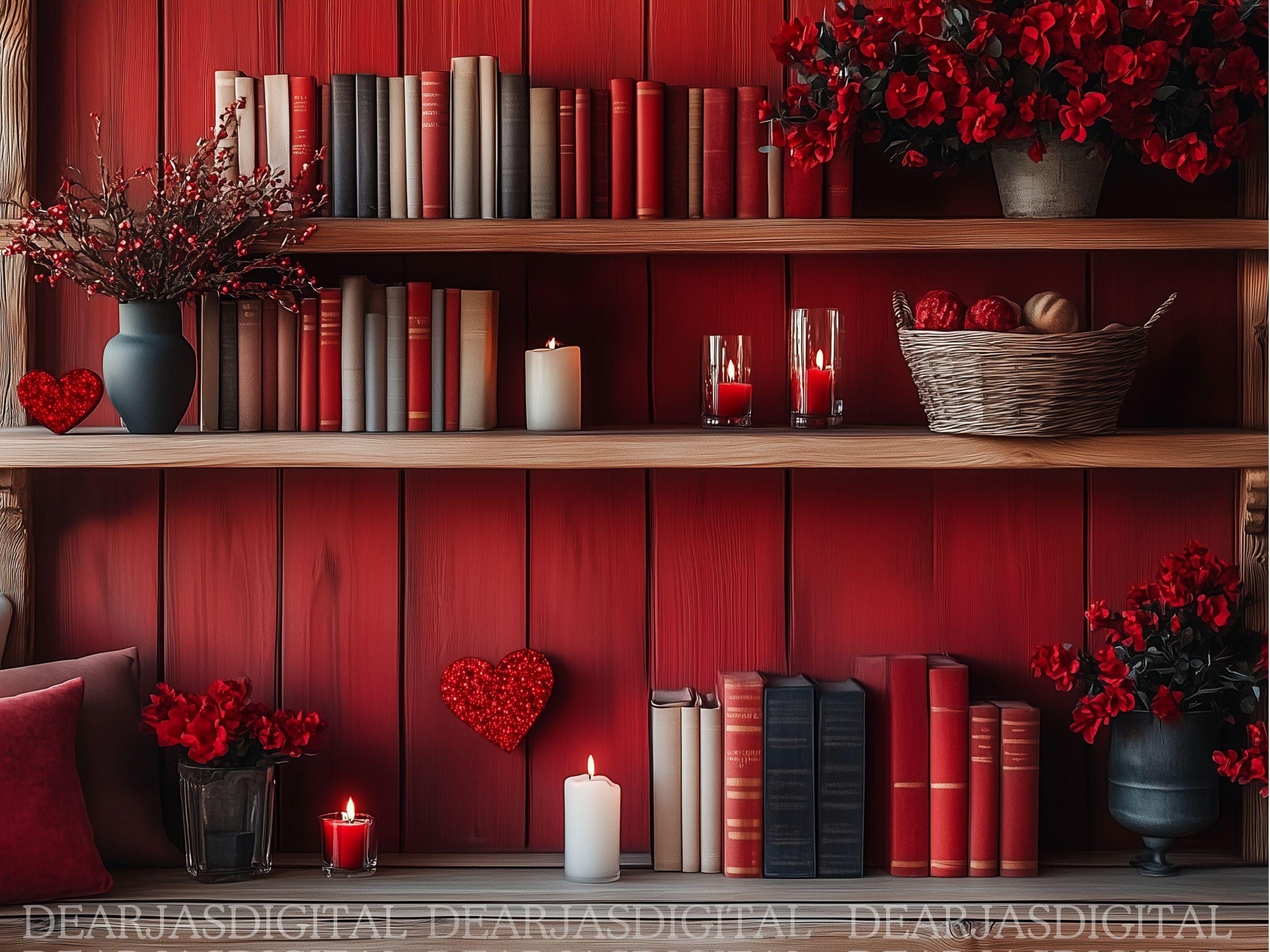 Valentine's Day Virtual Background Bookshelves With Red Roses Digital ...
