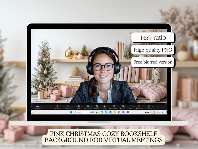 Pink Bookshelf Christmas Zoom Background | Modern Holiday Office ...