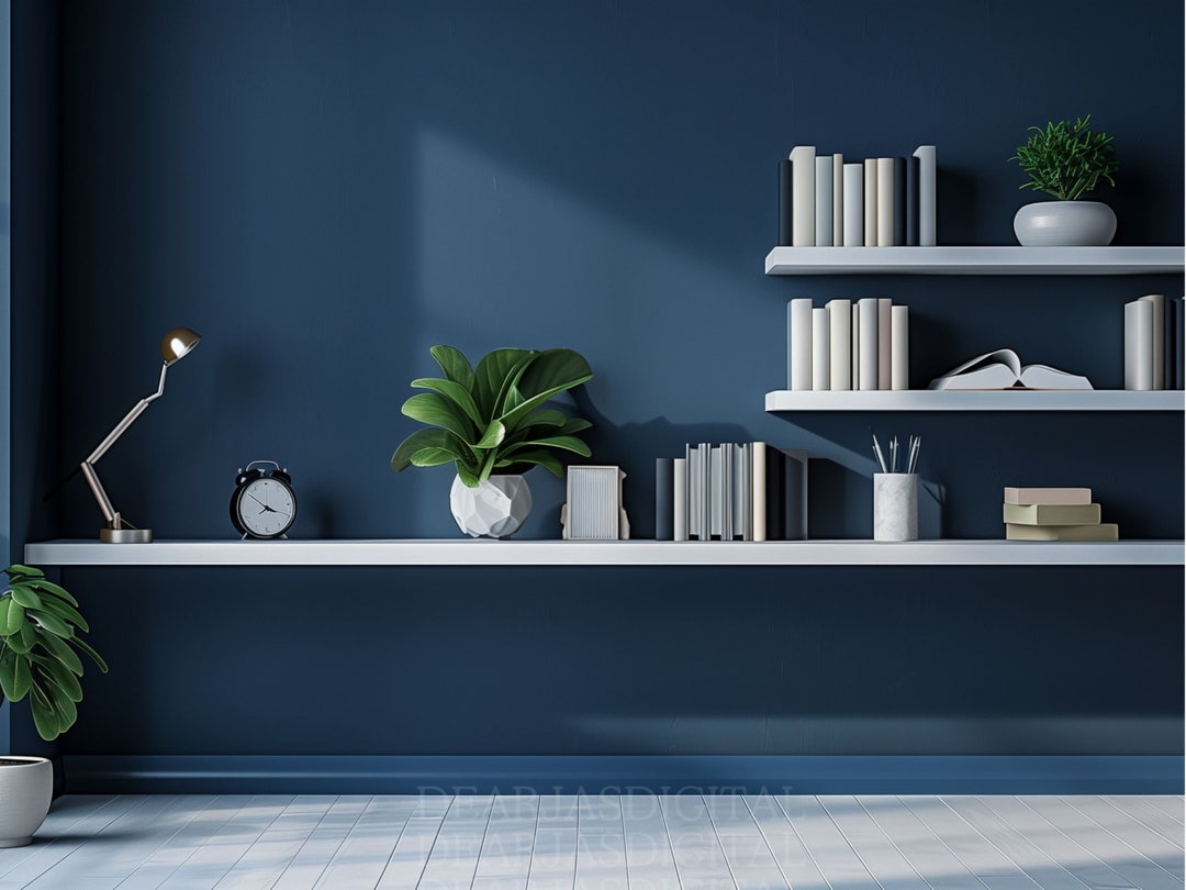 Blue Bookshelf Zoom Background, Minimalist Home Office (digital ...