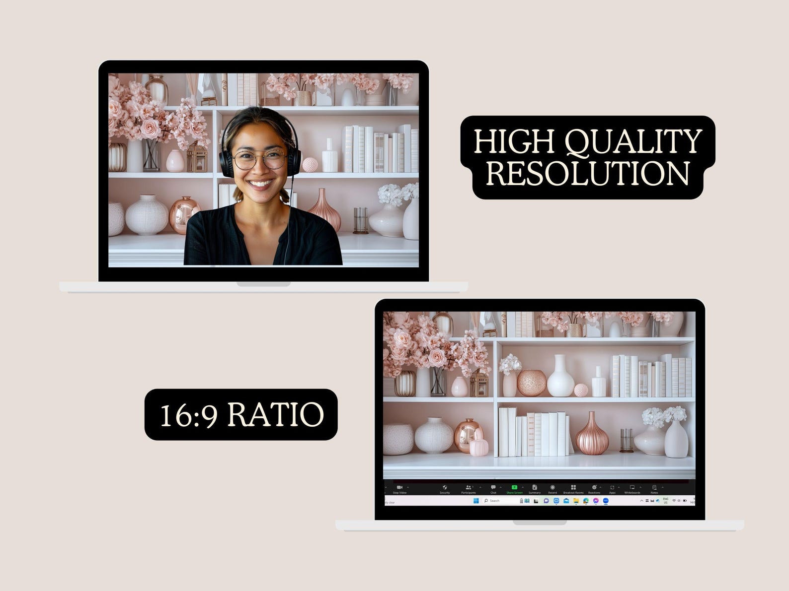Pink Bookshelves Virtual Background | Elegant Home Office (digital ...