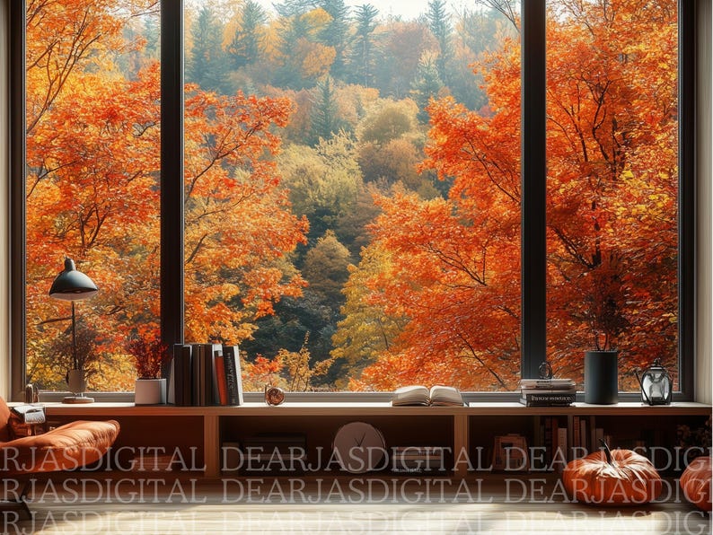 Fall Trees Window Virtual Background | Autumn Scenic Backdrop for Zoom | Cozy Home Office Decor ...