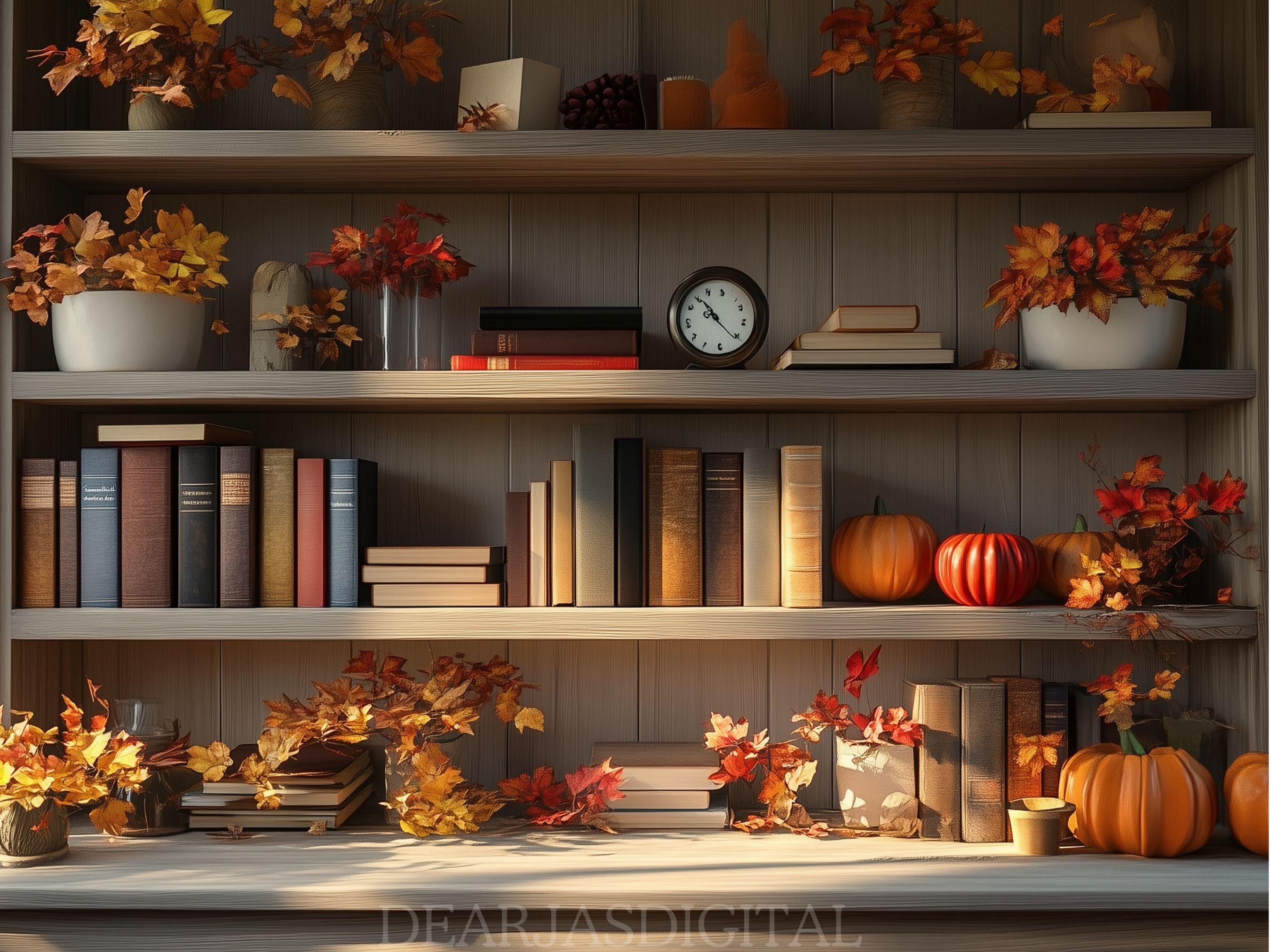 Autumn Office Fall Bookshelf Zoom Backgrounds, 16:9 Ratio, Pumpkin Season Backdrop, Realistic ...