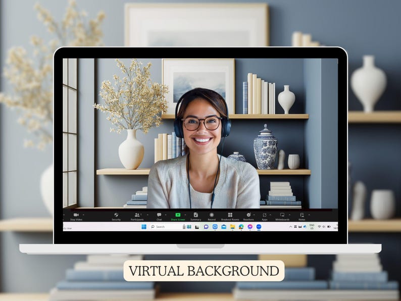 Cozy Bookshelf Zoom Backgrounds Virtual Background for Video Calls Home Office Decor Realistic ...