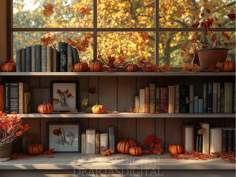 Autumn Theme Bookshelf Virtual Background Cozy Fall Backdrop for Zoom Pumpkin Theme Halloween ...
