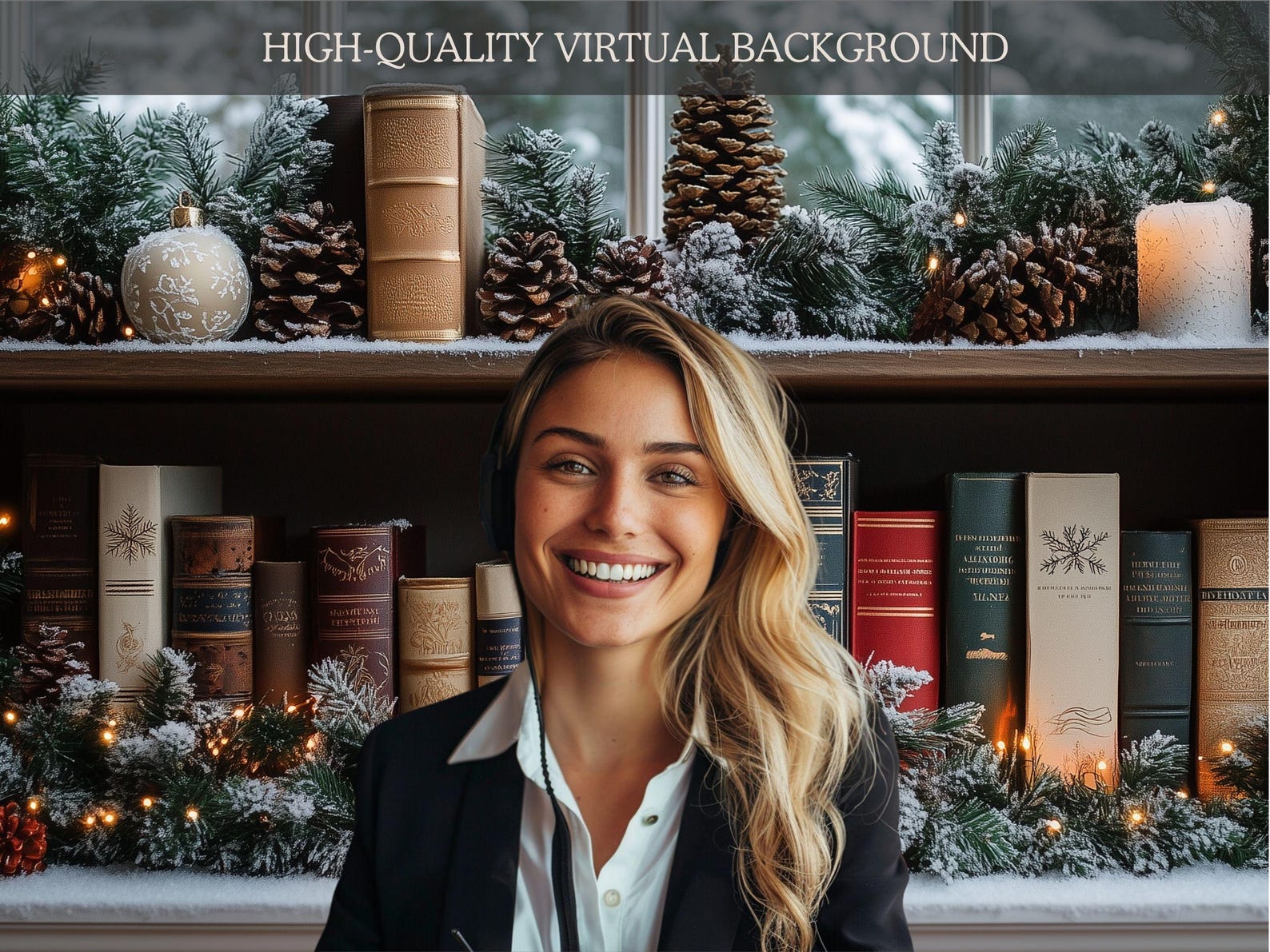 Winter Wonderland Bookshelf Virtual Background – Cozy Snowy Library ...