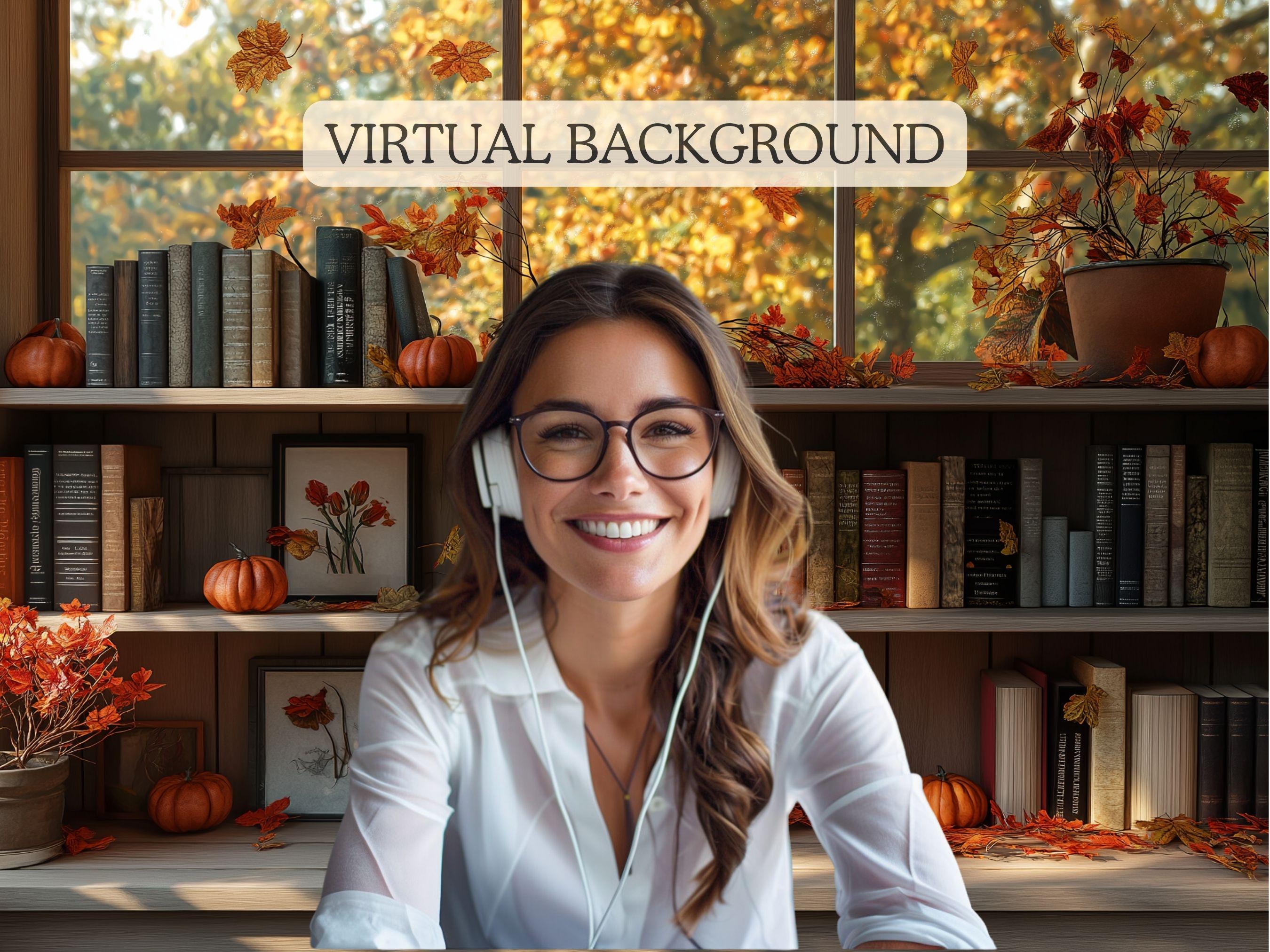 Autumn Theme Bookshelf Virtual Background Cozy Fall Backdrop for Zoom ...
