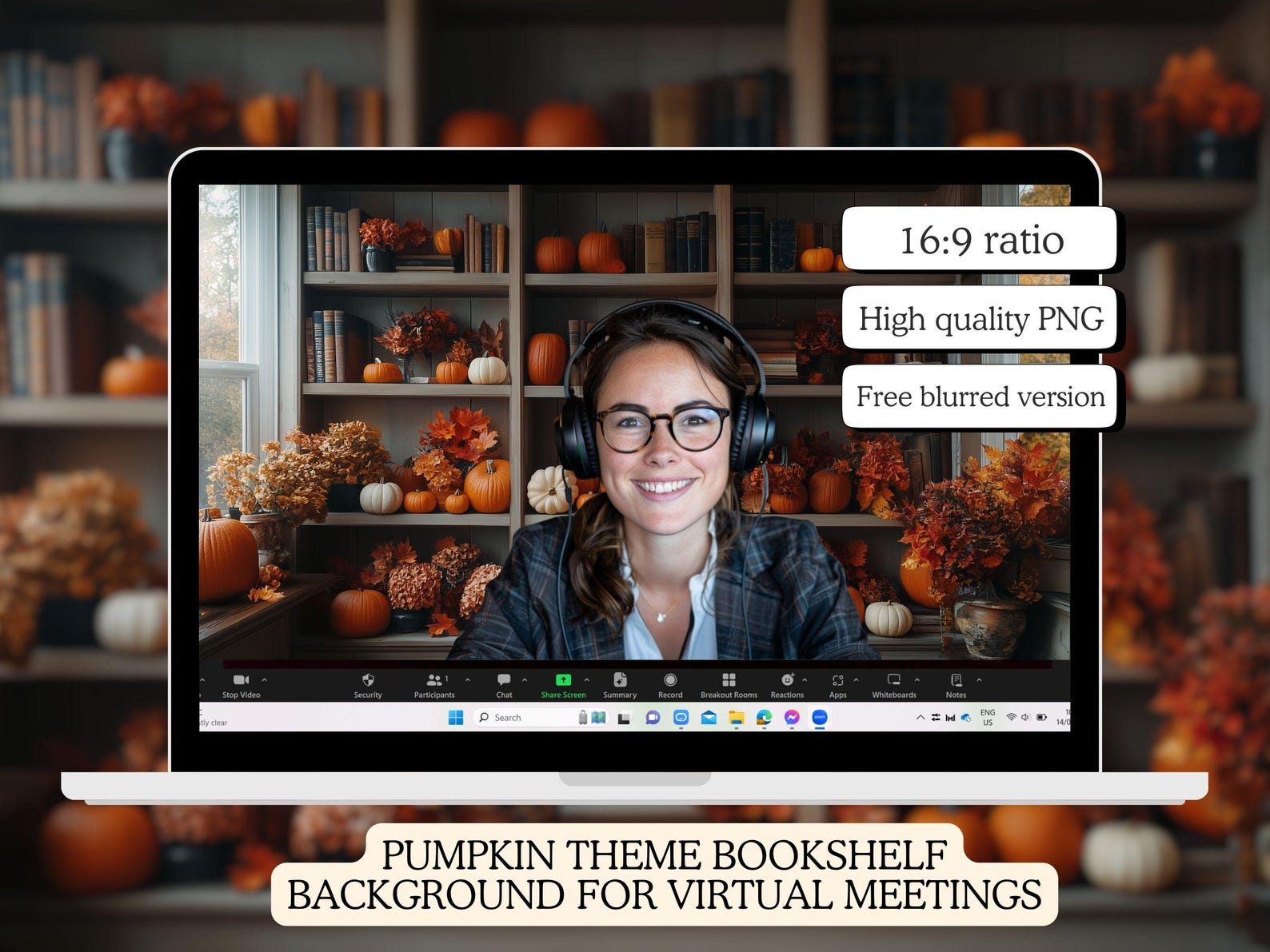 Autumn Bookshelf for Zoom Meeting, Festive Fall Themed Home Office ...