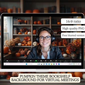 Autumn Bookshelf for Zoom Meeting, Festive Fall Themed Home Office ...