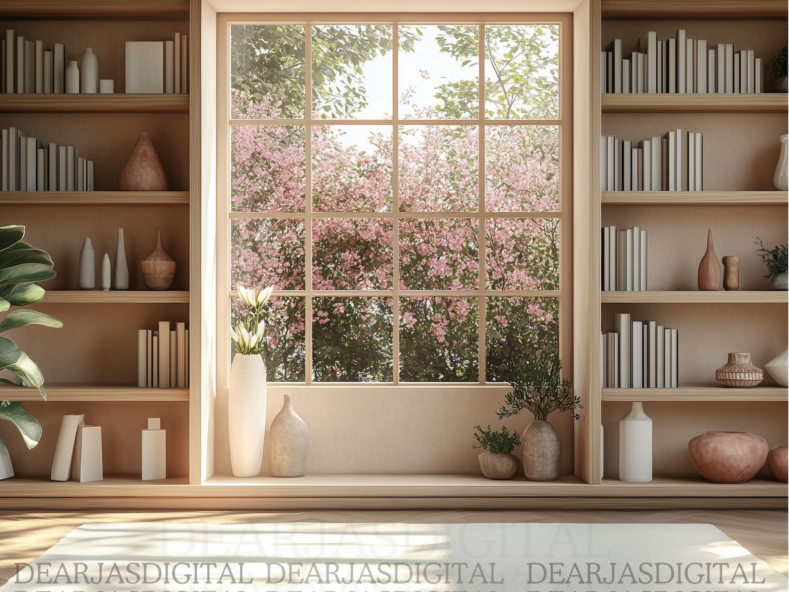 Home Office Virtual Background: Bookshelves & Window (digital Download ...