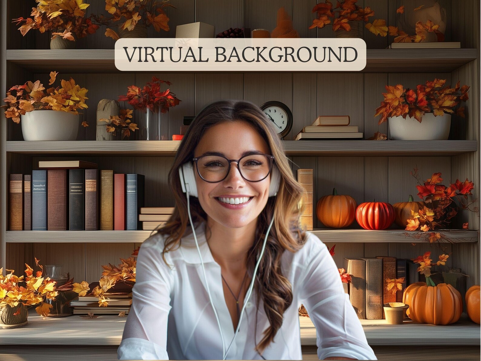 Autumn Office Fall Bookshelf Zoom Backgrounds, 16:9 Ratio, Pumpkin ...