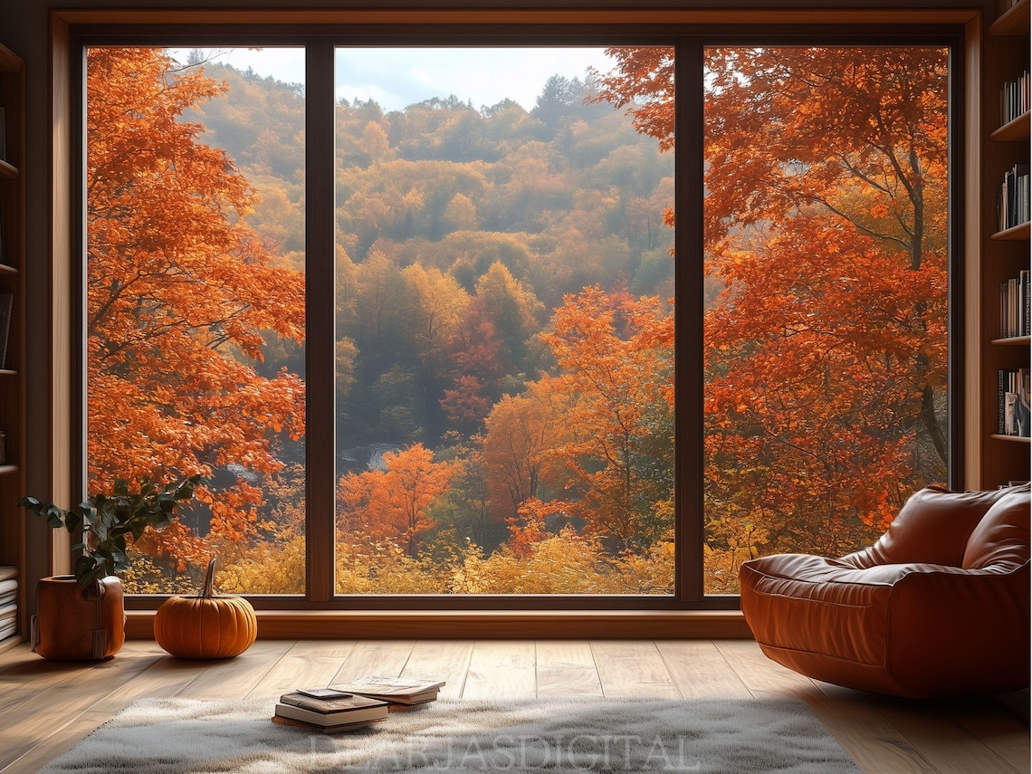 Fall Trees Window Zoom Background | Autumn Scenic Backdrop (digital ...