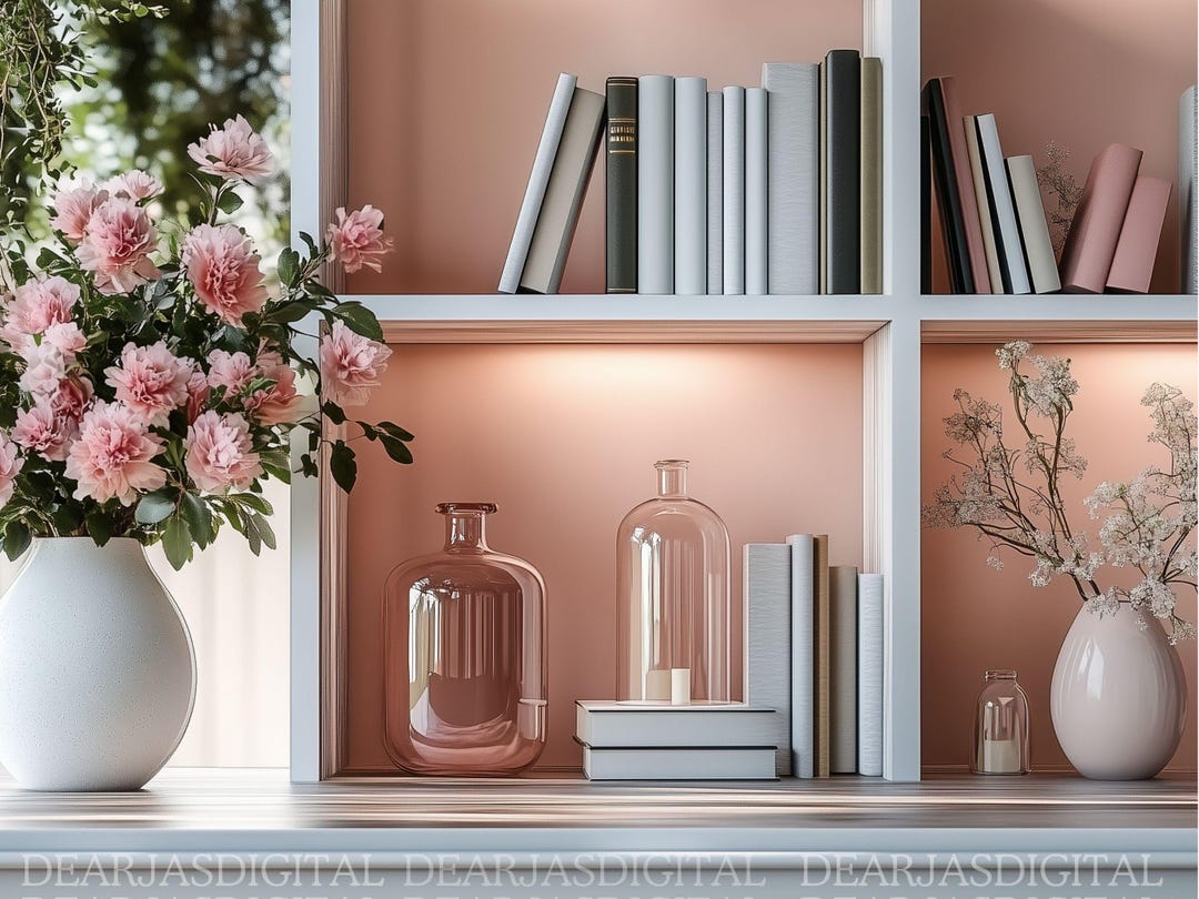 Chic Bookshelf Virtual Background, Elegant Pink Tones (digital Download ...