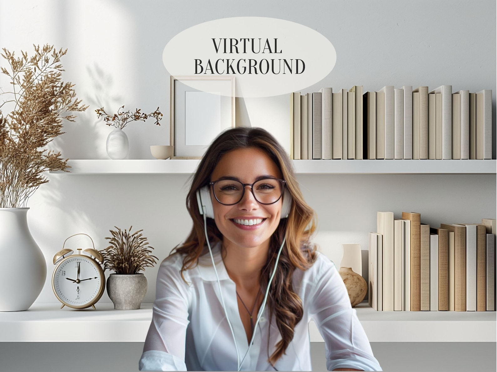 Zoom Background Modern Office, Elegant Bookshelf Backdrop for Digital ...