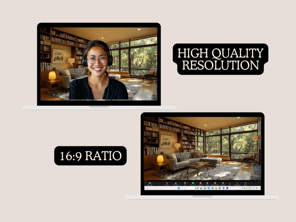 Modern Cozy Library Virtual Background | Mid-century Living Room Zoom ...