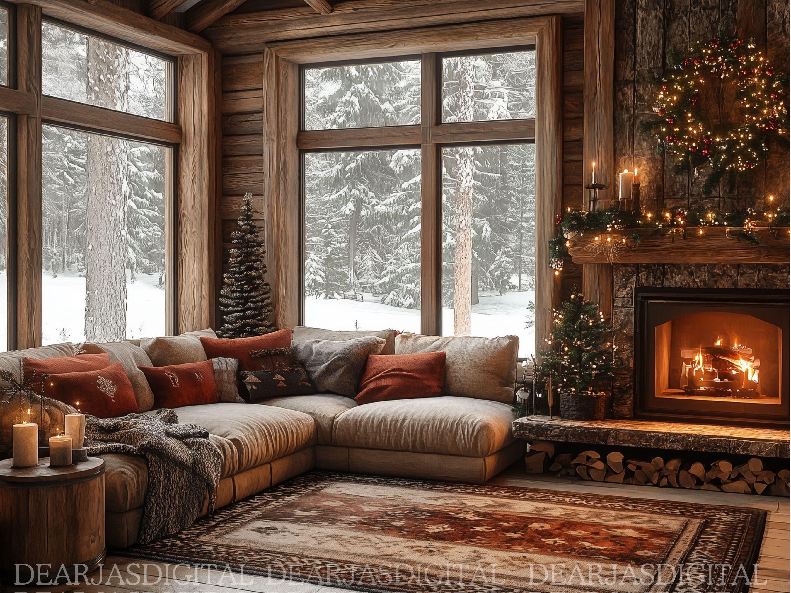 Rustic Winter Cabin Christmas Zoom Background | Modern Home Office ...