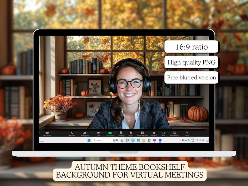 Autumn Theme Bookshelf Virtual Background Cozy Fall Backdrop for Zoom ...