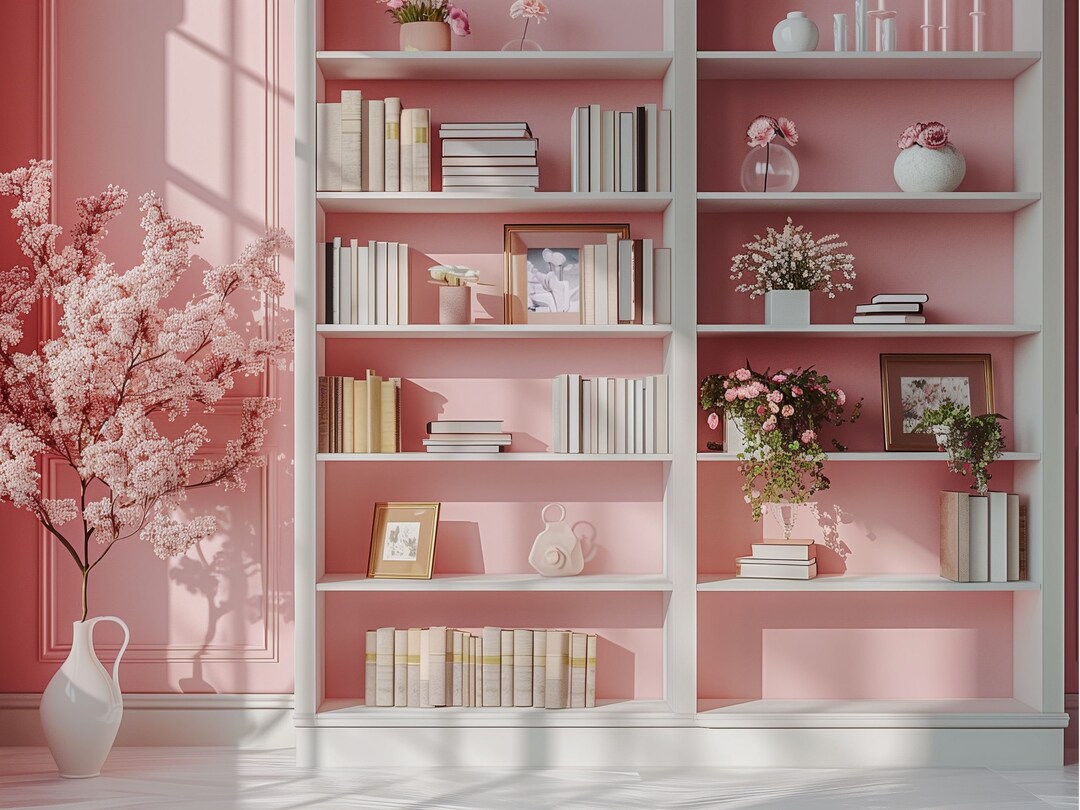 Pink Bookshelf Zoom Background, Home Office Virtual Backdrop (digital ...