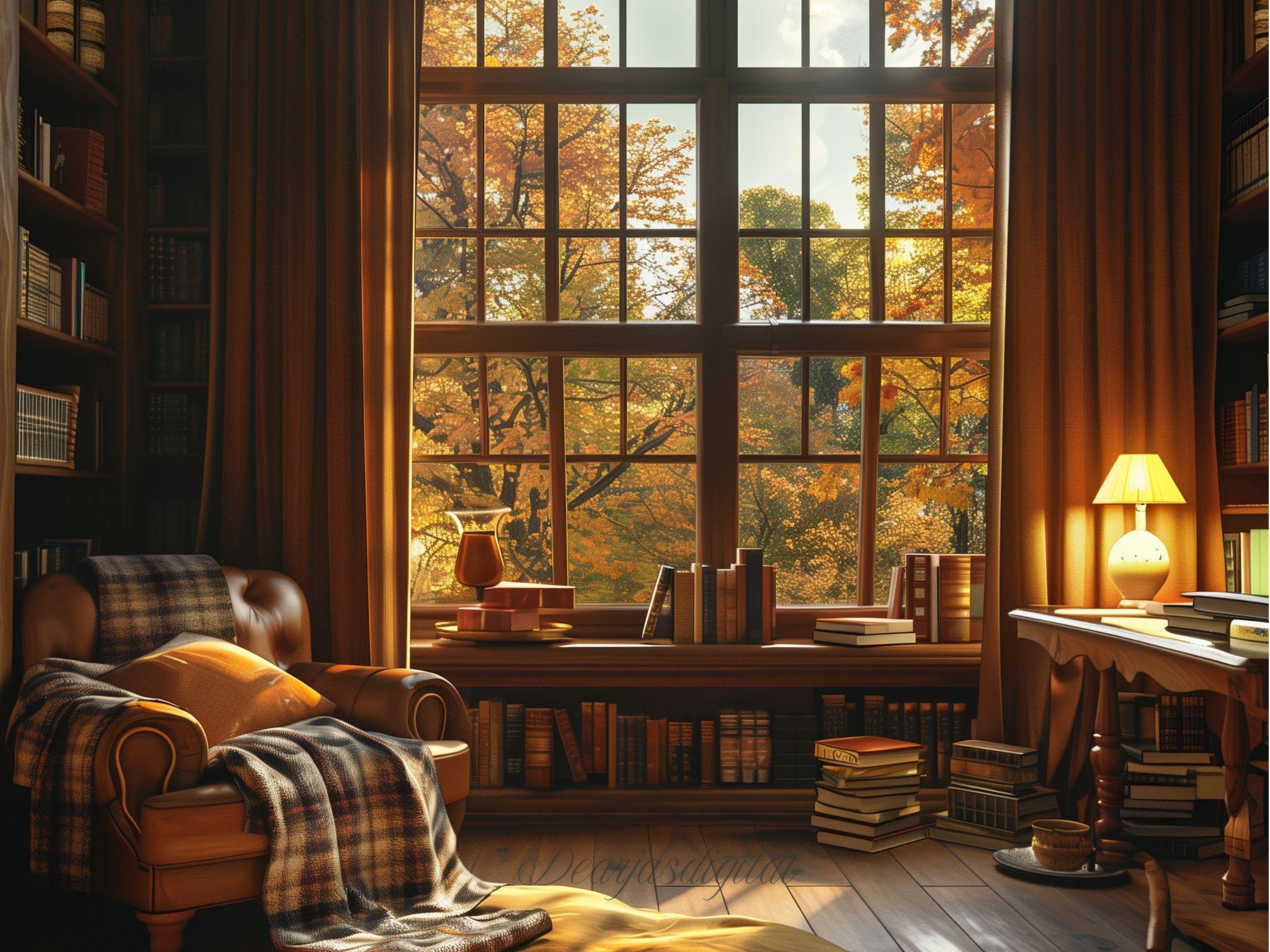 Autumn Reading Nook Virtual Background | Cozy Bookshelf & Window Fall ...