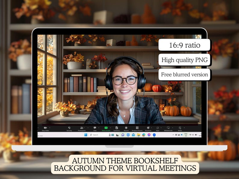 Autumn Office Fall Bookshelf Zoom Backgrounds, 16:9 Ratio, Pumpkin ...
