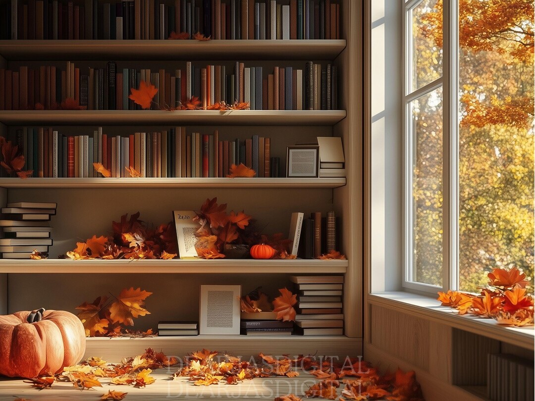 Autumn Bookshelf for Zoom Meeting, Festive Fall Themed Home Office ...