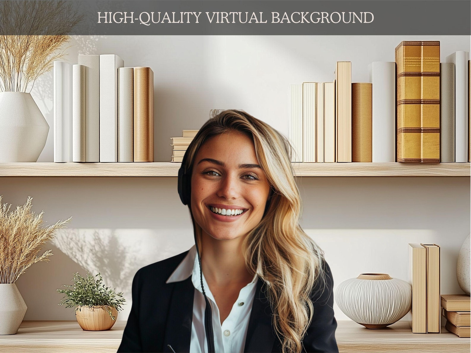 Zoom Background Modern Office, Elegant Bookshelf Backdrop for Digital ...