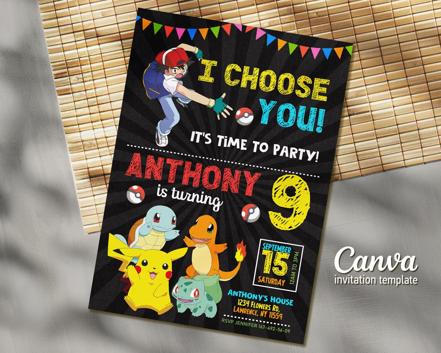 Invitación de cumpleaños imprimible de Pokemon, invitación del día b de ...