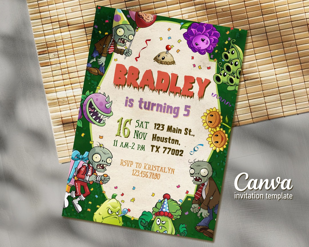 Plants Vs Zombies Birthday Invitation, Game Invite, Printable Editable ...