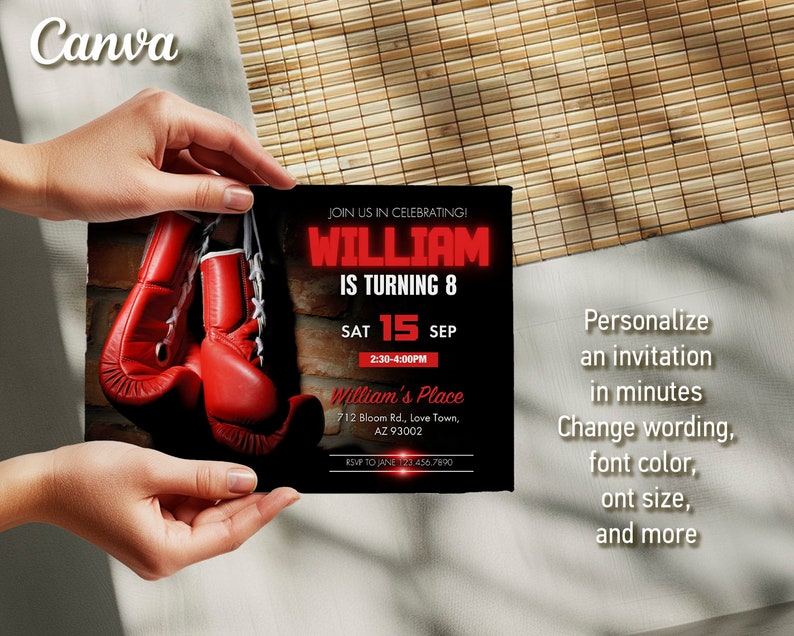 Printable Boxing Invitation, Fighter Invite, Digital Editable Birthday ...