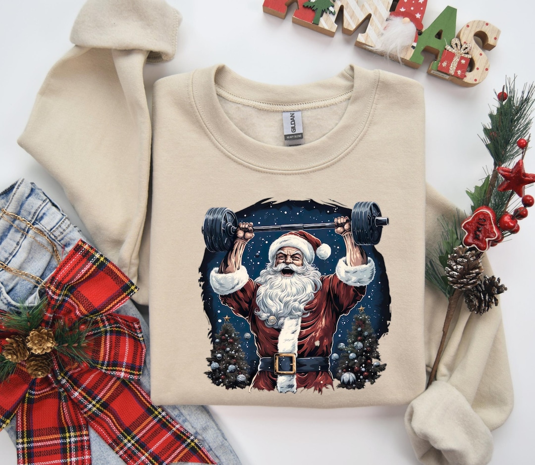 Funny Christmas Fitness Trainer Santa Claus Sweatshirt Vintage Workout ...