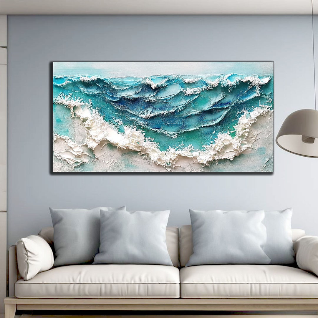 Abstract Textured Ocean Waves Canvas Art, Hand-painted Seascape in Aqua ...