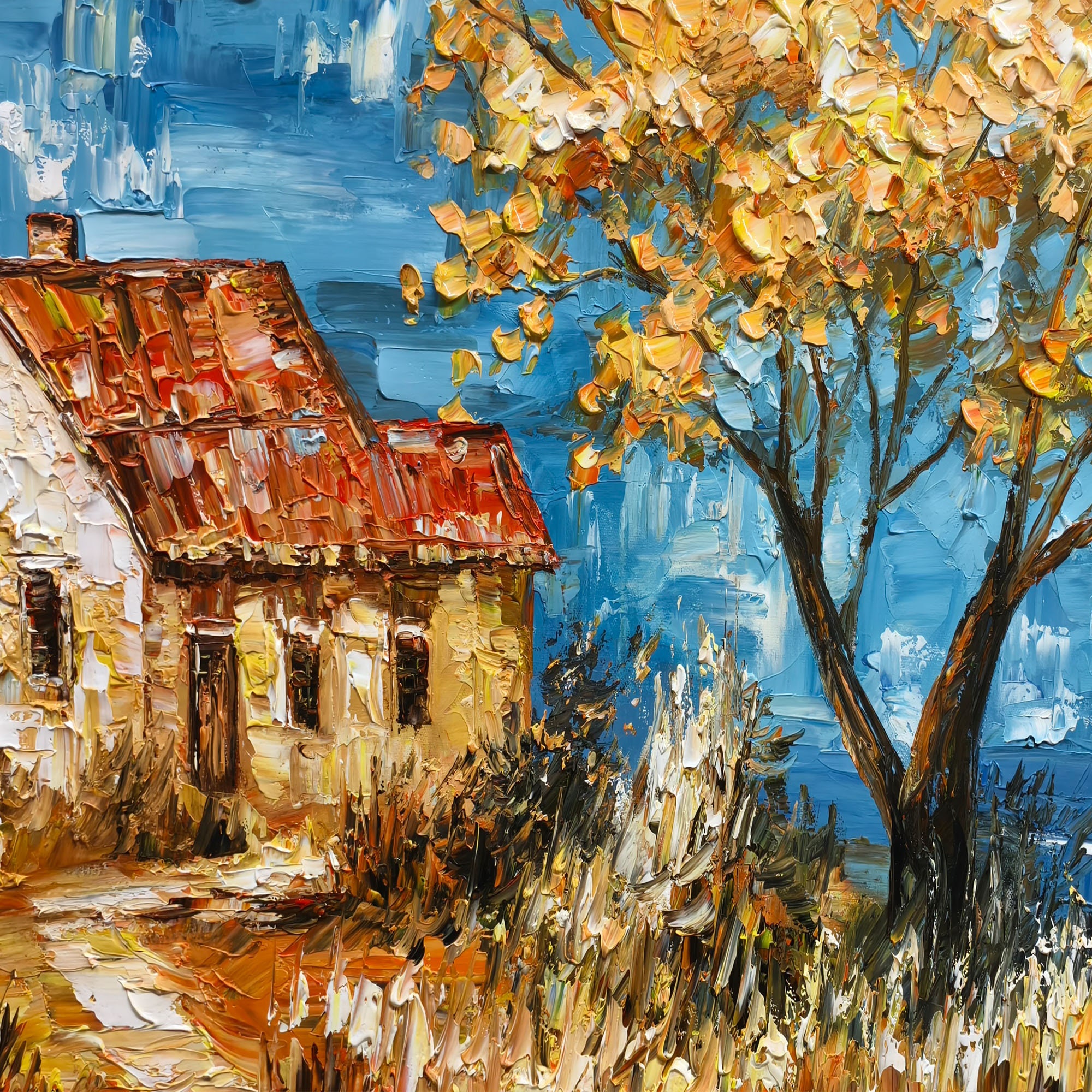 Hand-painted Textured Rustic Cottage Landscape Oil Painting Autumn Tree ...