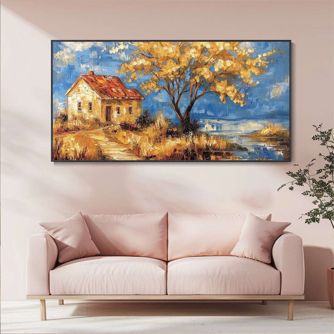 Hand-painted Textured Rustic Cottage Landscape Oil Painting Autumn Tree ...