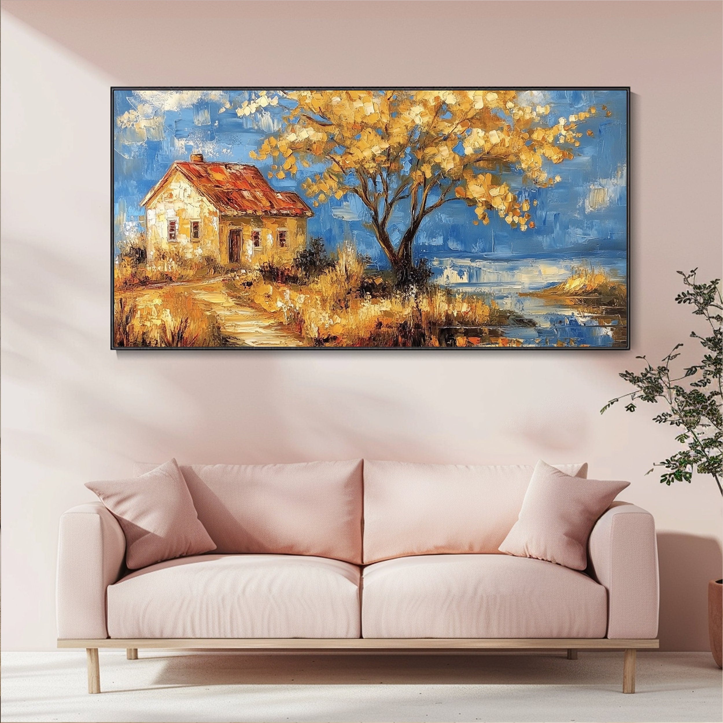 Hand-painted Textured Rustic Cottage Landscape Oil Painting Autumn Tree ...