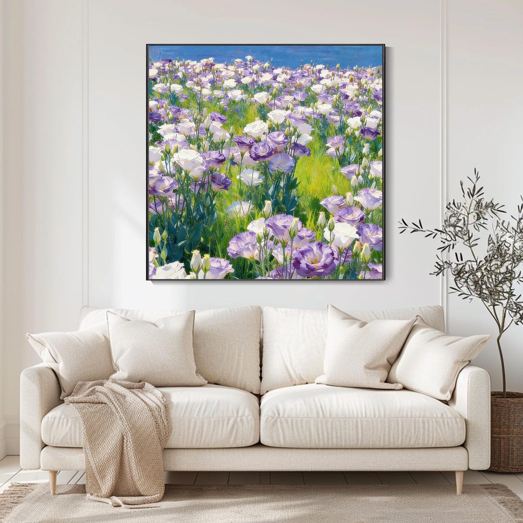 Waterfront White Purple Wildflowers Canvas Oil Painting 3D Textured ...
