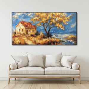 Hand-painted Textured Rustic Cottage Landscape Oil Painting Autumn Tree ...