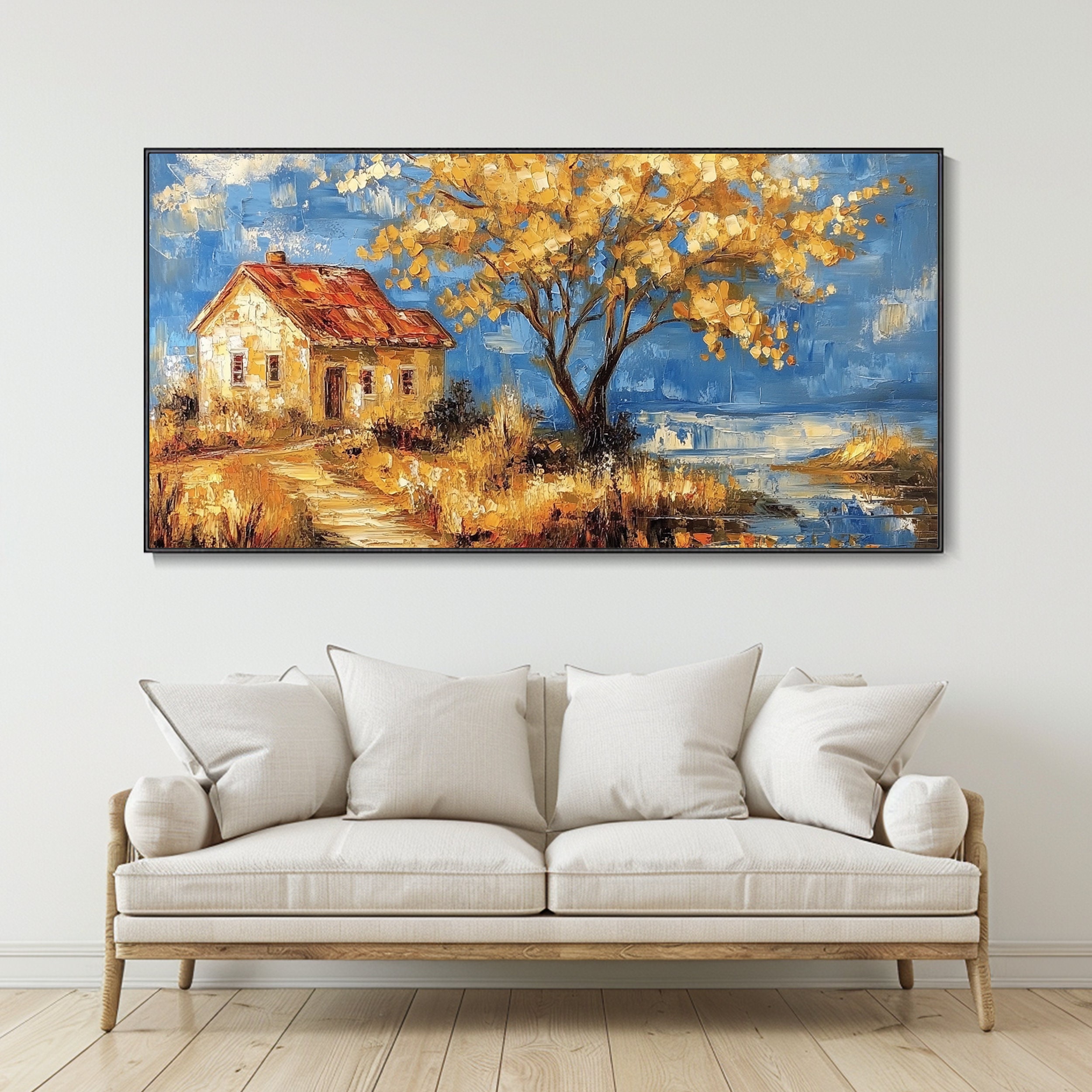 Hand-painted Textured Rustic Cottage Landscape Oil Painting Autumn Tree ...