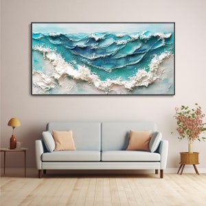 Abstract Textured Ocean Waves Canvas Art, Hand-painted Seascape in Aqua ...