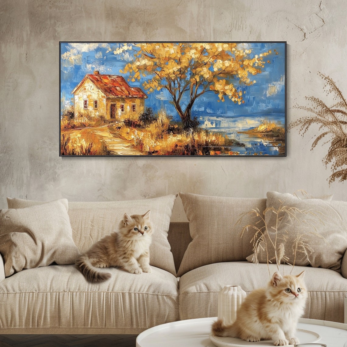 Hand-painted Textured Rustic Cottage Landscape Oil Painting Autumn Tree ...