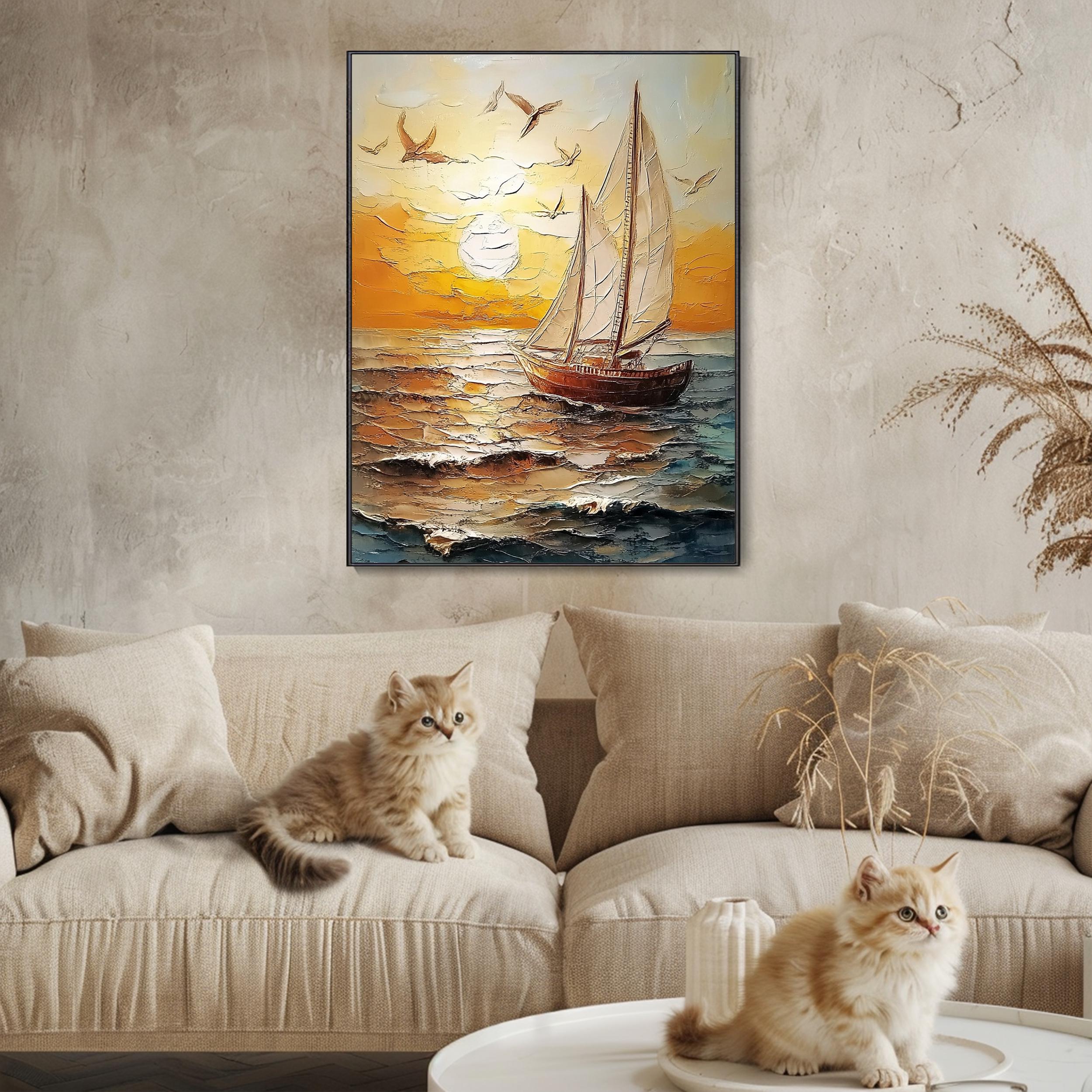 3D Textured Seagull Oil Painting on Canvas Golden Sunset Sailboat ...